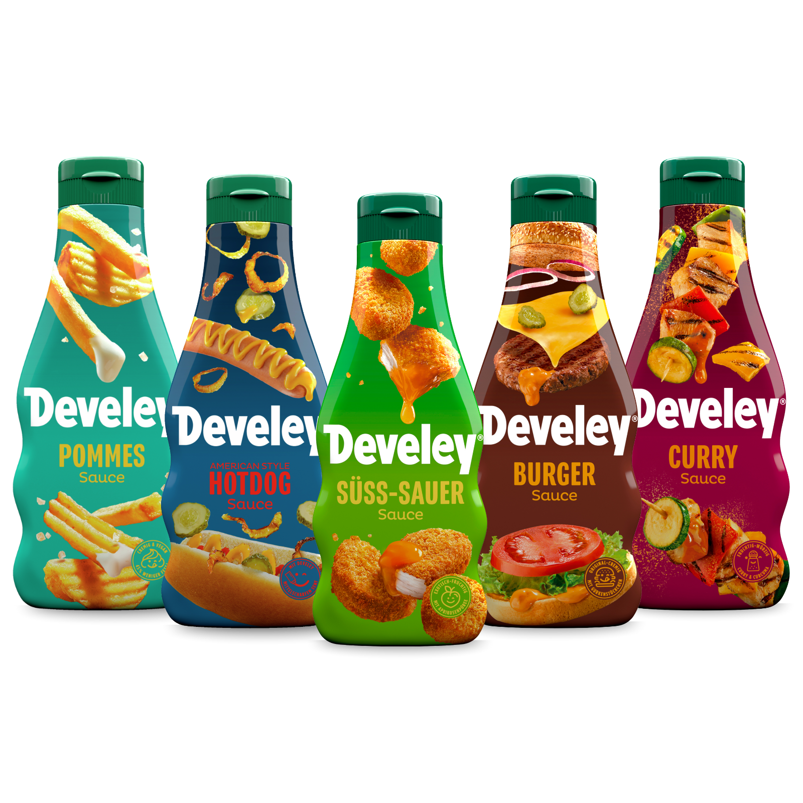 Develey Set mit Süß-Sauer-, Burger-, Pommes-, Curry- und Hotdog Sauce ...